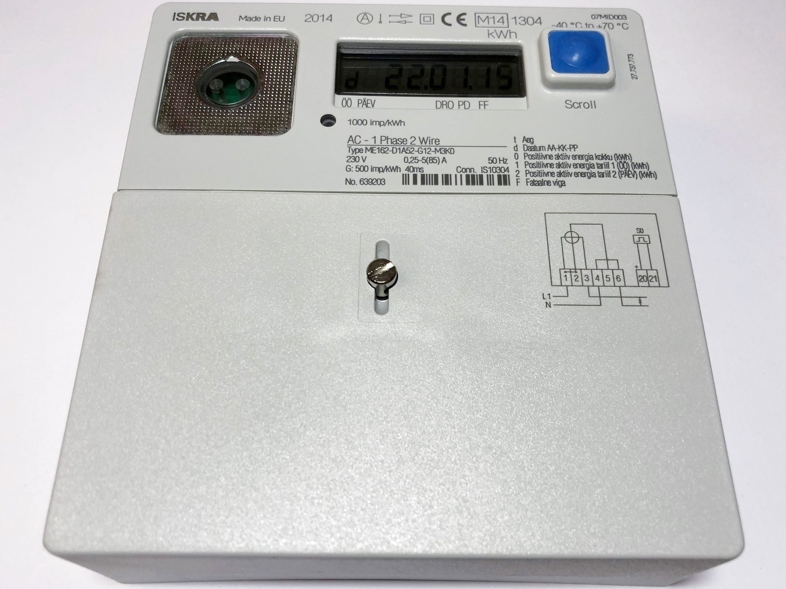 Elektriarvesti 1-faasiline 2-tariifne 5-85A - 25€, ME162-D1A52-G12-M3K0, Iskra, koos kellaga ...