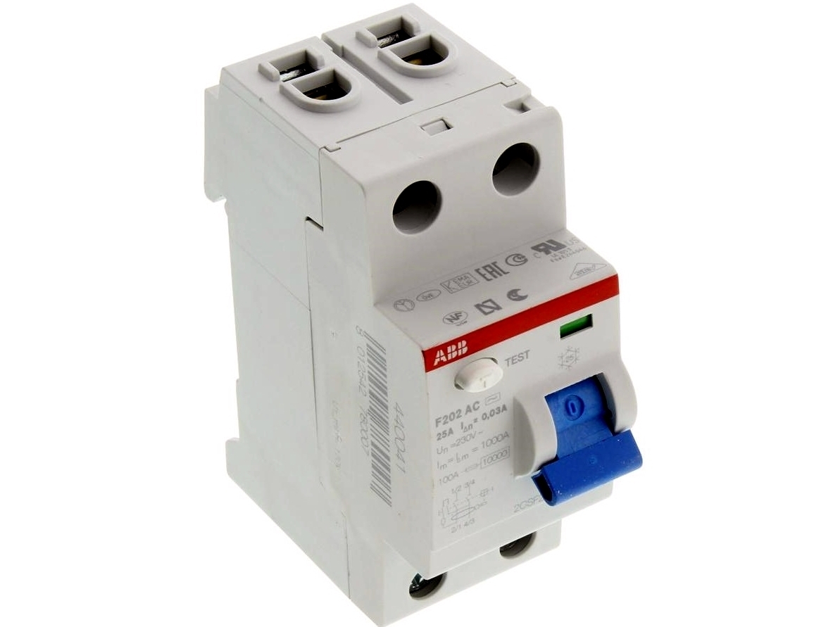 Rikkevoolukaitse 1-faasiline 25A - 18€, 30mA(0,03A), ABB, F202 AC-25/0,03, 2CSF202001R1250, 25 A ...